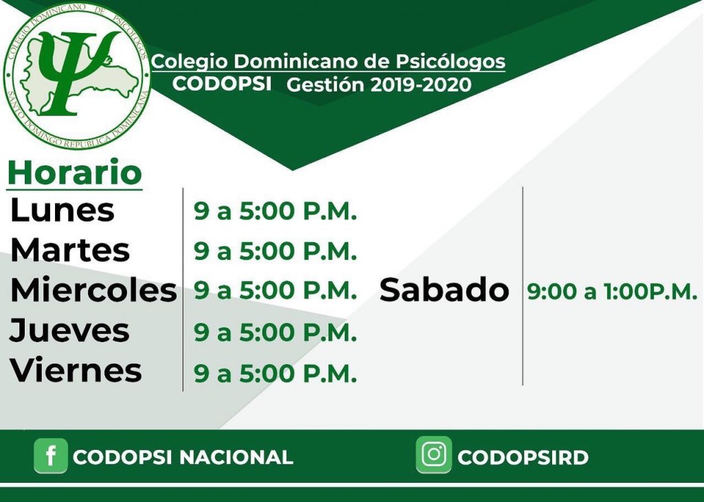Nuevo horario del Colegio Dominicano de Psicólogos CODOPSI [2019 ...
